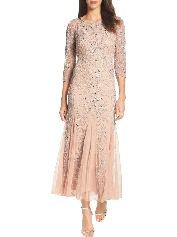 Pisarro Nights Illusion Sleeve Beaded A-line Gown - Blush