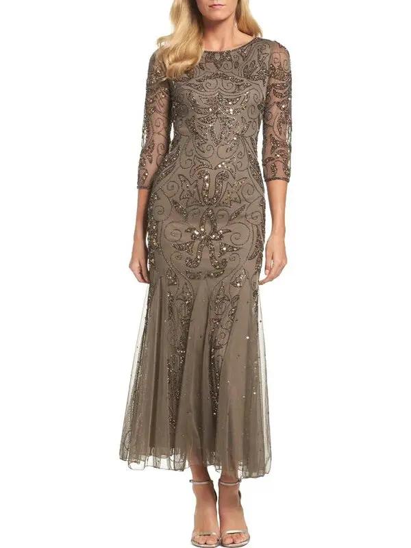 Pisarro Nights Illusion Sleeve Beaded A-line Gown - Deep Mocha