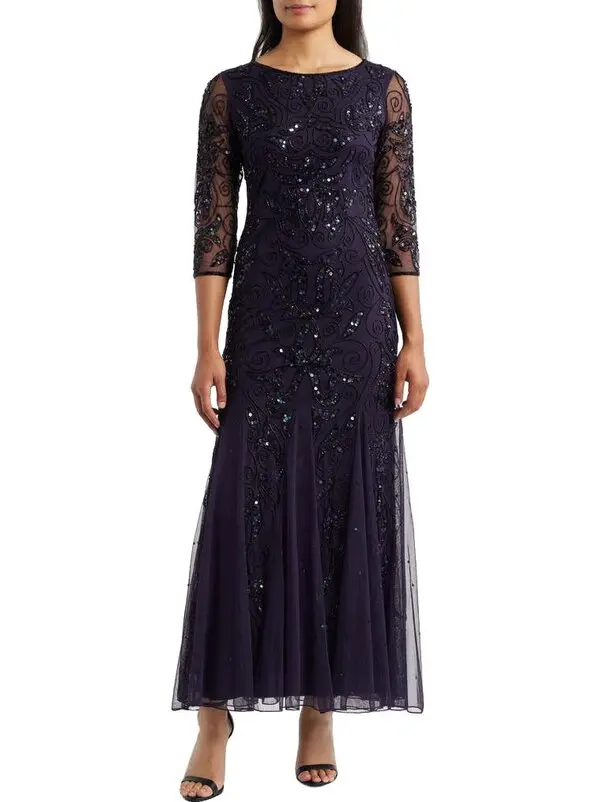 Pisarro Nights Illusion Sleeve Beaded A-line Gown - Deep Purple