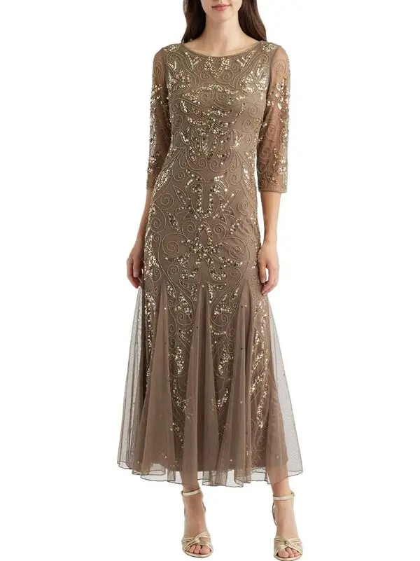 Pisarro Nights Illusion Sleeve Beaded A-line Gown - Jbs Mocha