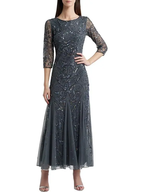 Pisarro Nights Illusion Sleeve Beaded A-line Gown - Jbs Smoke