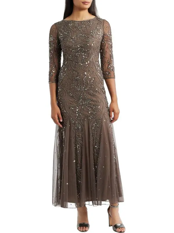 Pisarro Nights Illusion Sleeve Beaded A-line Gown - Mocha