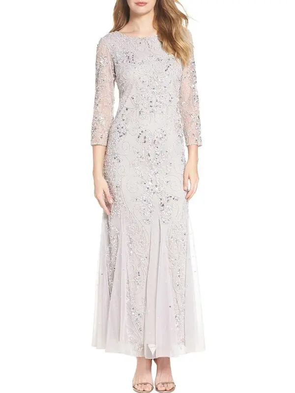 Pisarro Nights Illusion Sleeve Beaded A-line Gown - Silver