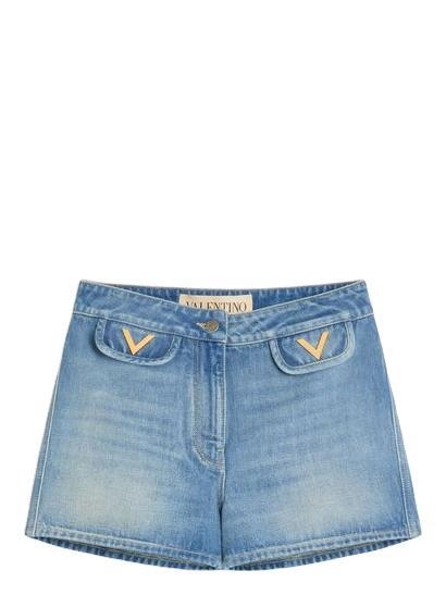 Valentino Garavani Denim Shorts With Floral Pocket Detail - Blue