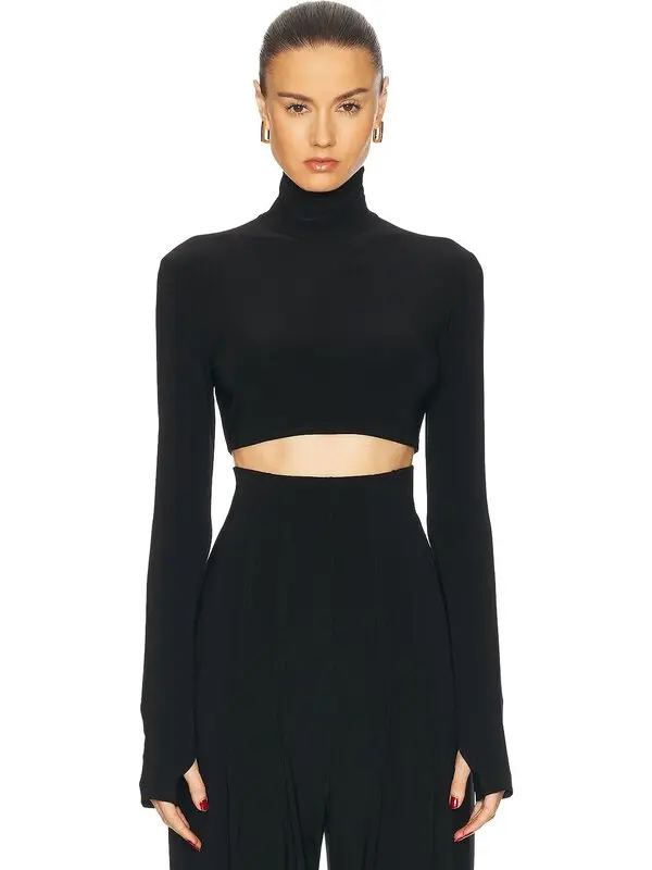 Norma Kamali Cropped Slim Fit Long Sleeve Turtleneck Top - Black
