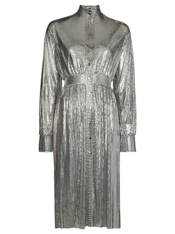 Rabanne High Neck Sequin Mesh Dress - Silver
