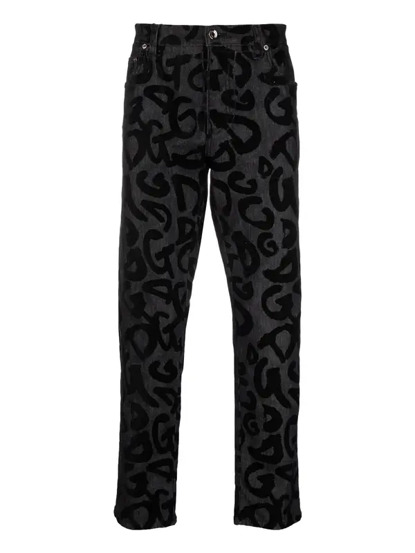 Dolce & Gabbana Flocked Logo Straight-leg Jeans - Black