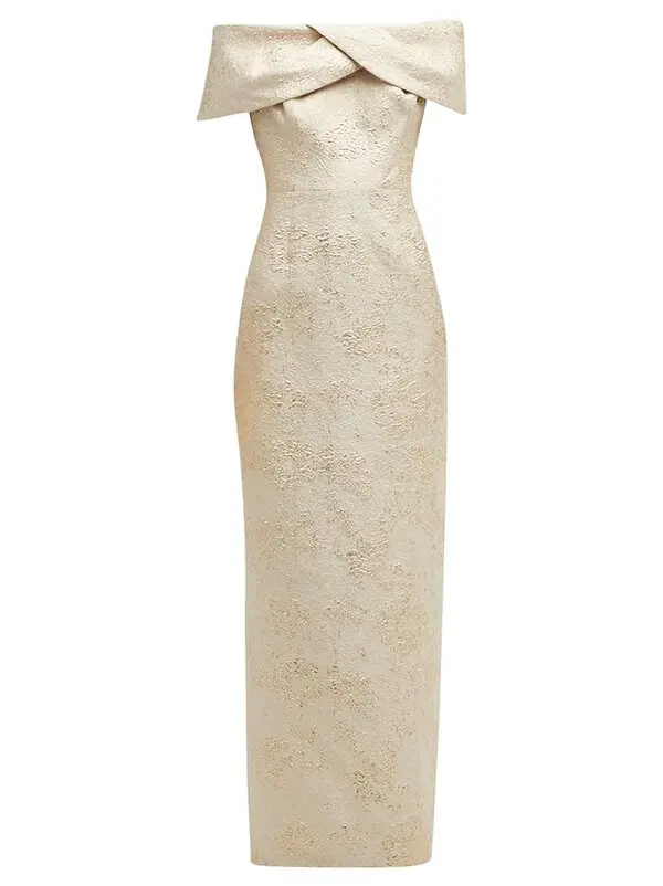 Rickie Freeman For Teri Jon Off-shoulder Jacquard Gown - Gold