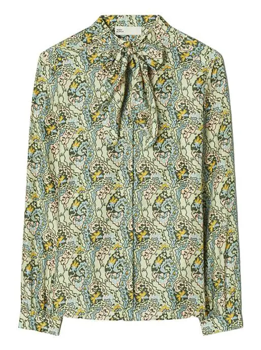 Tory Burch Silk Bow Blouse - Blue Dream Paisley