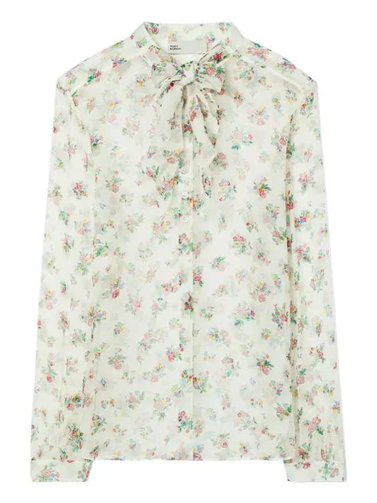 Tory Burch Silk Bow Blouse - Multi Ditsy Floral