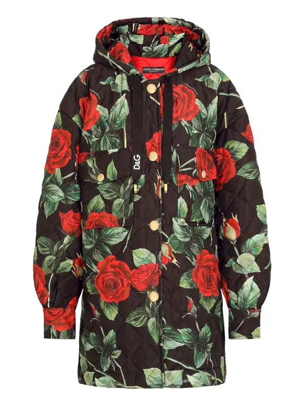 Dolce & Gabbana Rose Print Mid-length Raincoat - Black