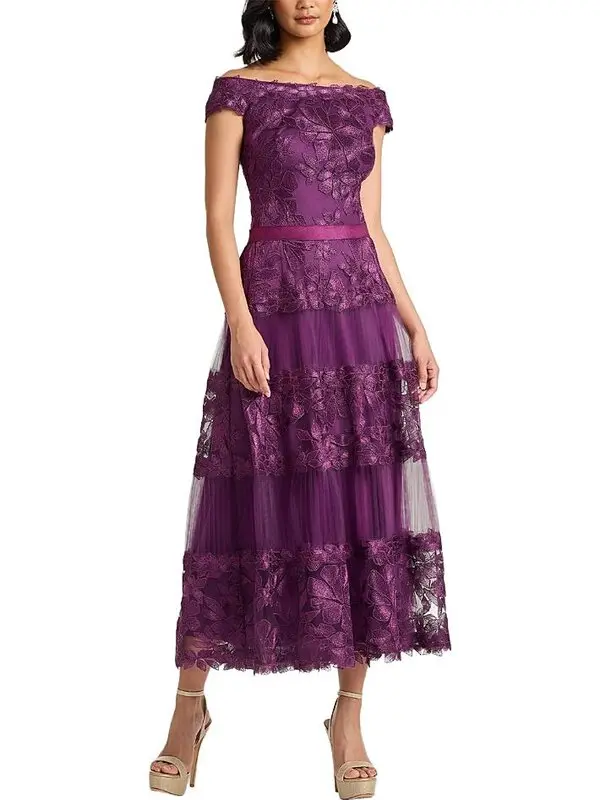 Tadashi Shoji Adriane Floral Embroidered Tea-length Dress - Deep Amethyst