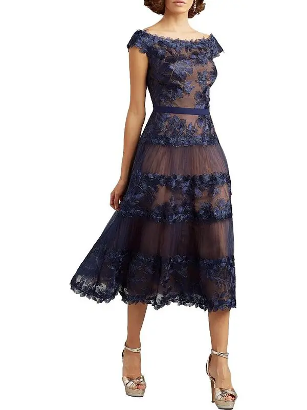 Tadashi Shoji Adriane Floral Embroidered Tea-length Dress - Navy