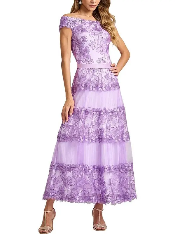 Tadashi Shoji Adriane Floral Embroidered Tea-length Dress - Purple Haze