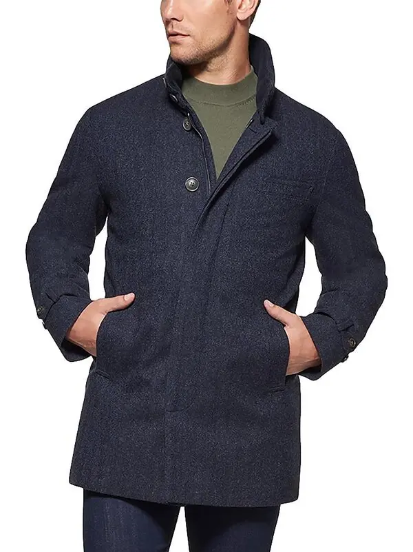 NORWEGIAN WOOL Stretch Down Filled Car Coat - British Blue Herringbone