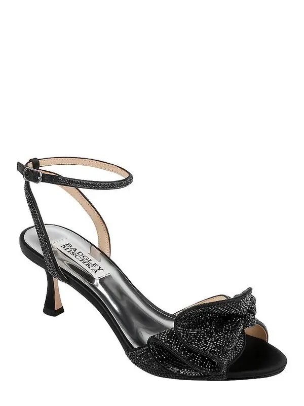 Badgley Mischka Remi Rhinestone Ruffle Mid-heel Sandals - Black Satin