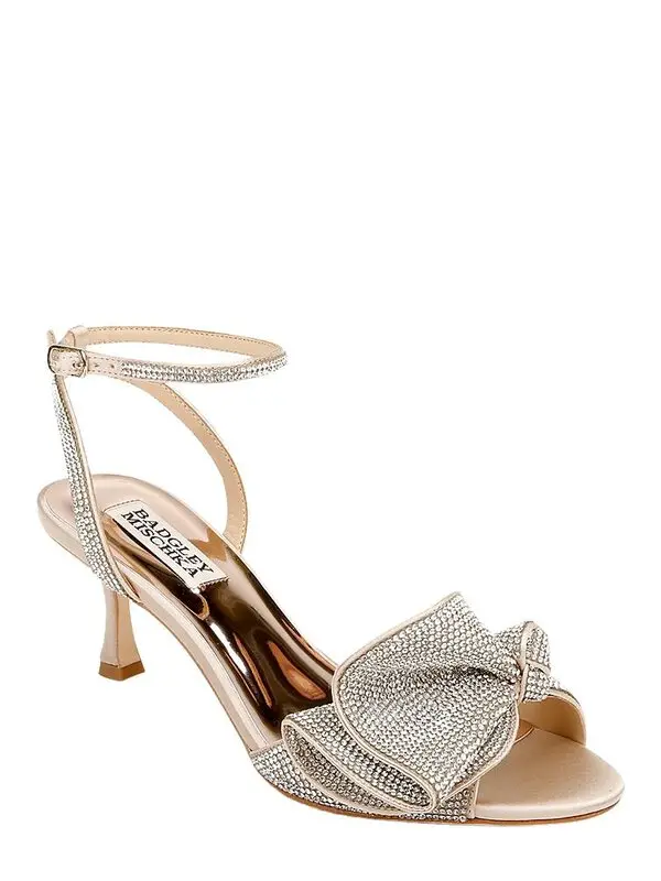 Badgley Mischka Remi Rhinestone Ruffle Mid-heel Sandals - Nude Satin