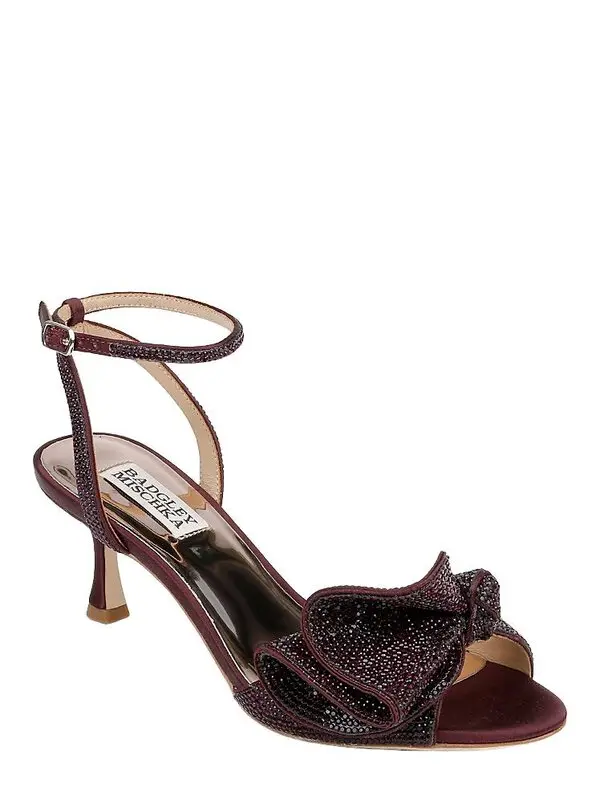 Badgley Mischka Remi Rhinestone Ruffle Mid-heel Sandals - Wine Satin