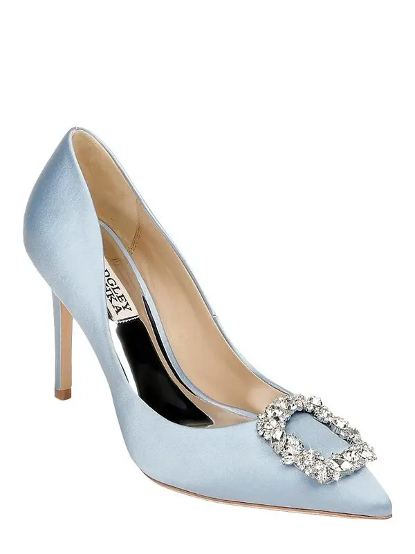 Badgley Mischka Cher Crystal Buckle Pumps - Azure Blue Satin