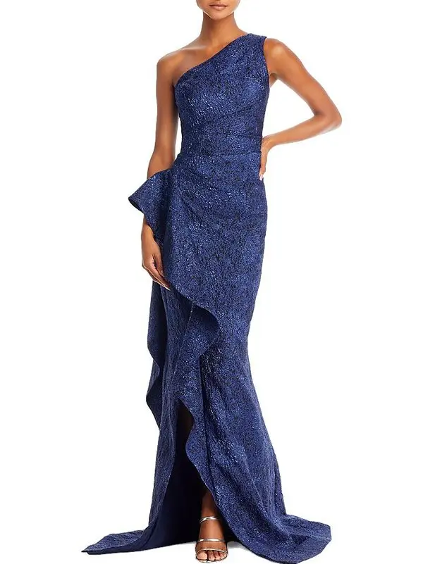 Rickie Freeman For Teri Jon Metallic Jacquard One-shoulder Gown - Black Blue