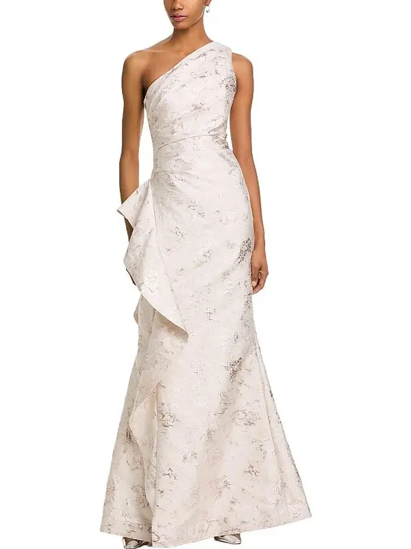 Rickie Freeman For Teri Jon Metallic Jacquard One-shoulder Gown - Blush