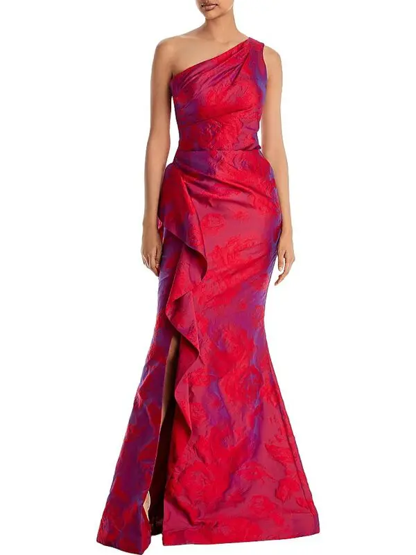 Rickie Freeman For Teri Jon Metallic Jacquard One-shoulder Gown - Fuschia