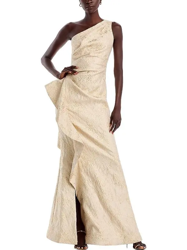 Rickie Freeman For Teri Jon Metallic Jacquard One-shoulder Gown - Gold