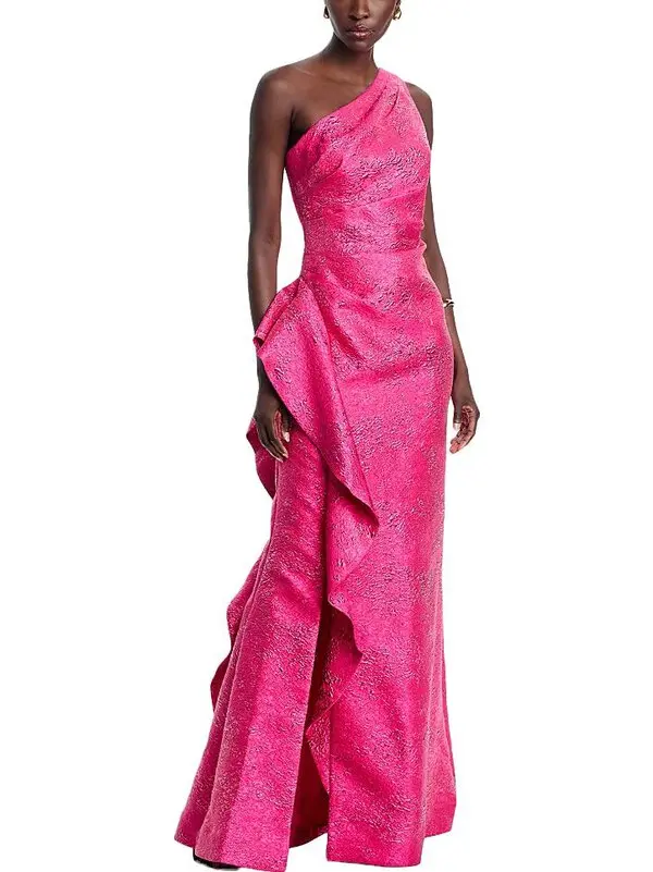 Rickie Freeman For Teri Jon Metallic Jacquard One-shoulder Gown - Hot Pink