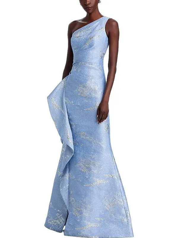 Rickie Freeman For Teri Jon Metallic Jacquard One-shoulder Gown - Light Blue Silver
