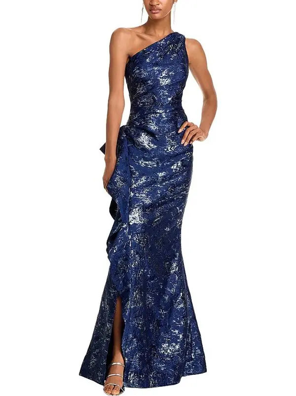 Rickie Freeman For Teri Jon Metallic Jacquard One-shoulder Gown - Navy