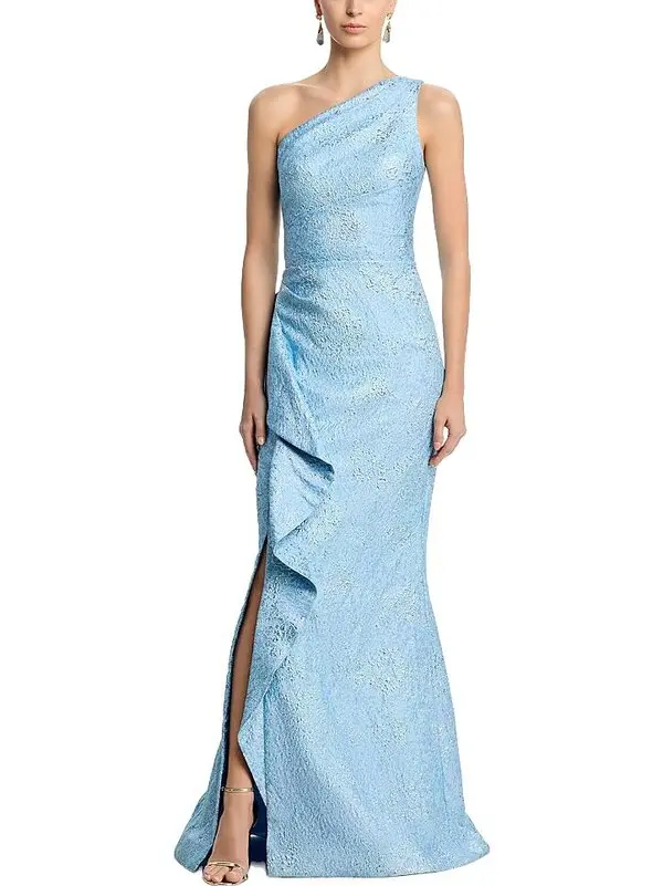 Rickie Freeman For Teri Jon Metallic Jacquard One-shoulder Gown - Powder Blue