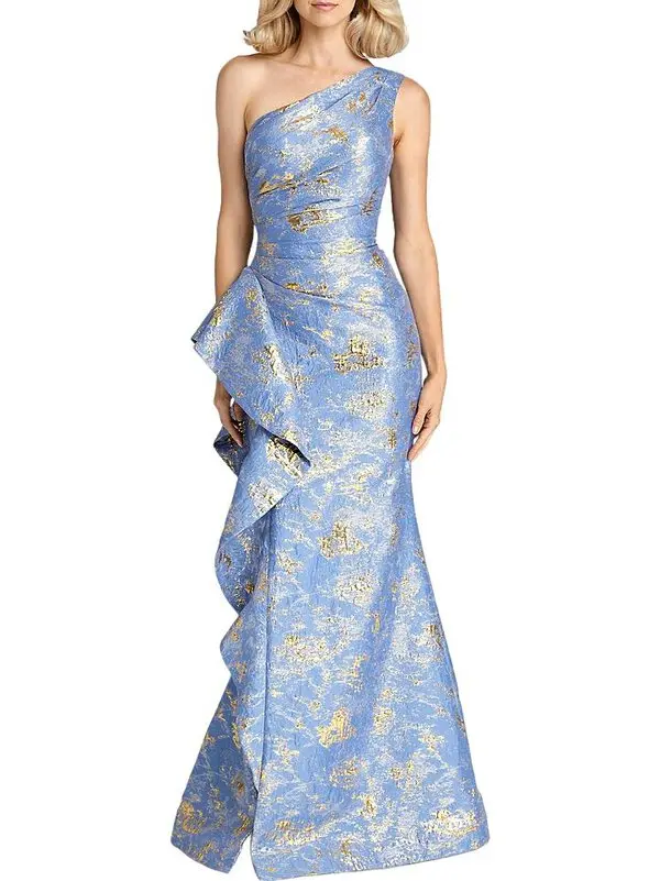 Rickie Freeman For Teri Jon Metallic Jacquard One-shoulder Gown - Sky Blue