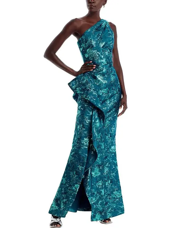 Rickie Freeman For Teri Jon Metallic Jacquard One-shoulder Gown - Teal