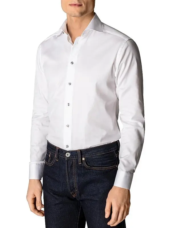 Eton Slim Fit Contrast Gray Button Twill Dress Shirt - White