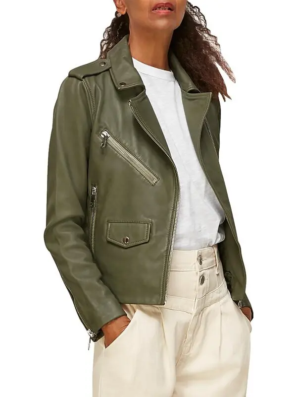 Whistles Agnes Pocket Leather Biker Jacket - Khaki