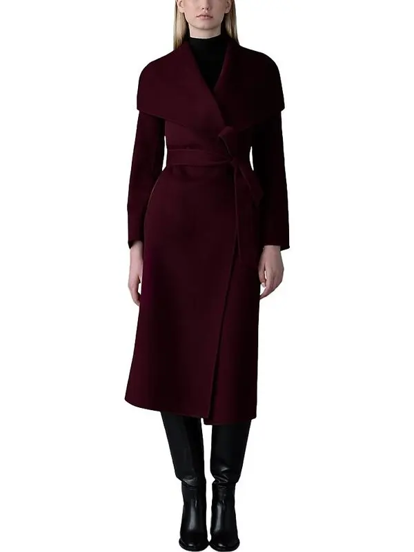 Mackage Mai Lightweight Wool Wrap Coat With Waterfall Collar And Leather Welt Pockets - Garnet