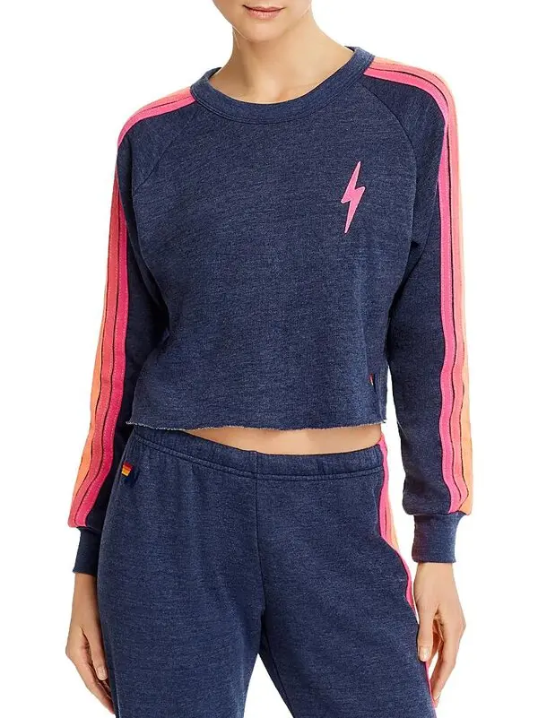 Aviator Nation Striped Cropped Sweatshirt - Heather Navy/neon Stripe