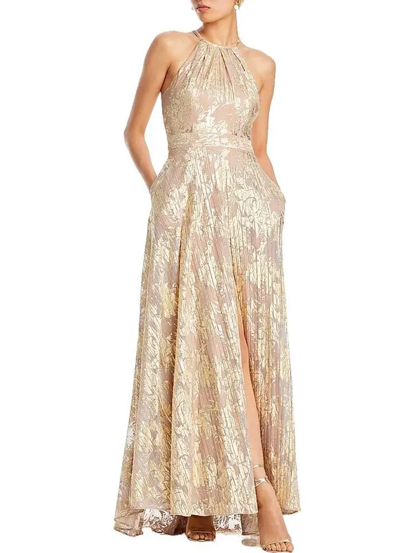 Aqua Foil Knit Metallic Halter Gown Exclusive - White/pink/gold