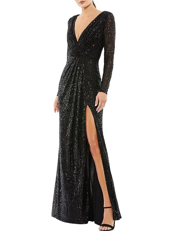 Mac Duggal Sequined Long Sleeve Gown - Black