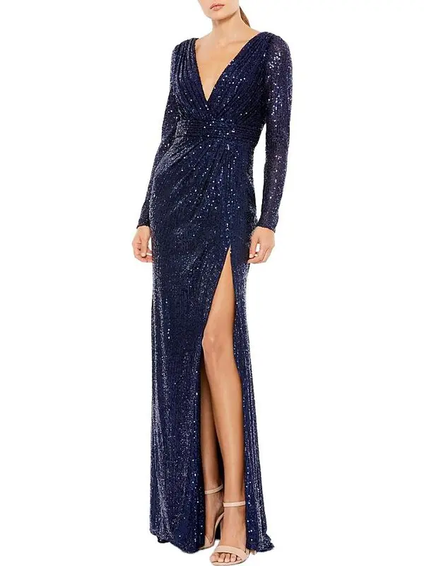 Mac Duggal Sequined Long Sleeve Gown - Midnight
