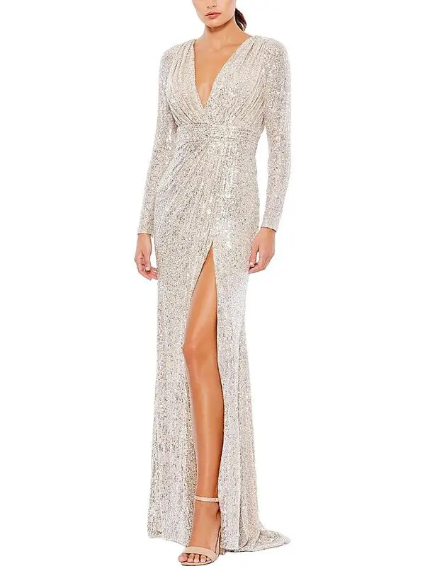 Mac Duggal Sequined Long Sleeve Gown - Silver