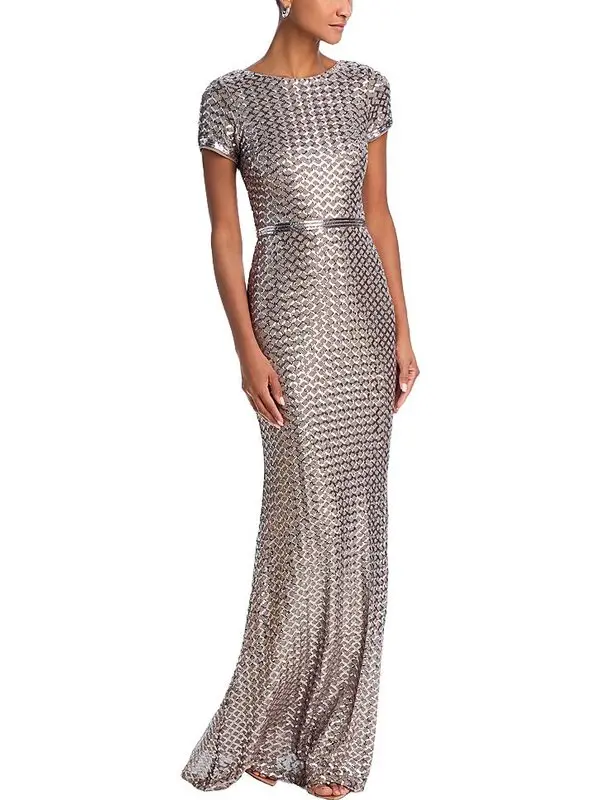 Aqua Belted Sequin Gown Exclusive - Silver/taupe