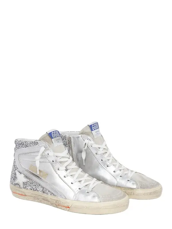 Golden Goose Slide Glitter High Top Sneakers - Silver Ice White