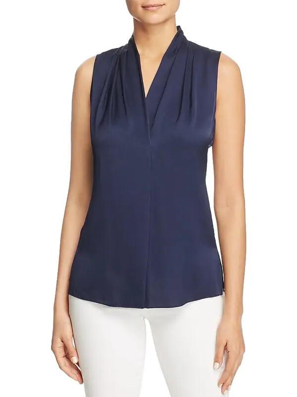 Kobi Halperin Mila Sleeveless V-neck Pleated Silk Blouse - Midnight Blue