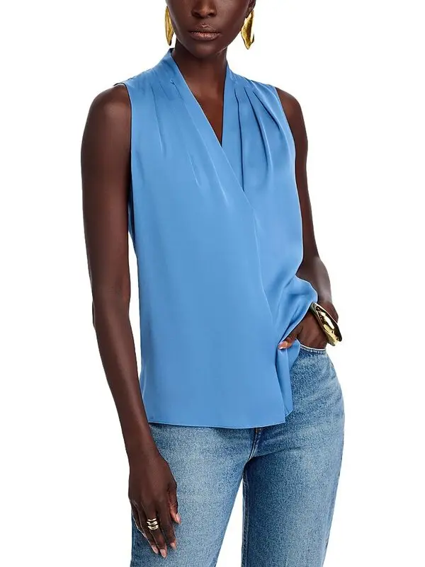 Kobi Halperin Mila Sleeveless V-neck Pleated Silk Blouse - Skyline