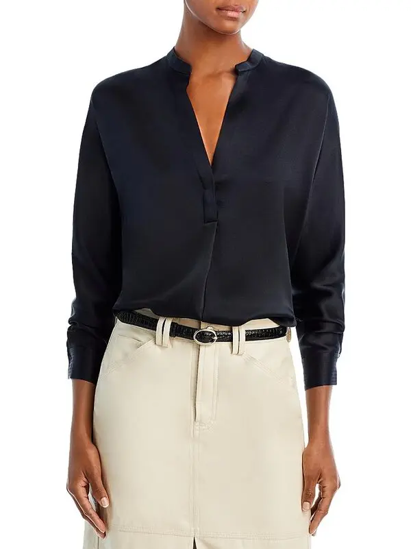 Vince Silk Banded Collar Blouse - Black