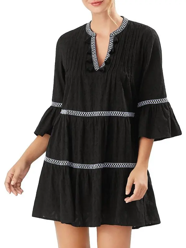 Tommy Bahama Jacquard Tiered Dress With Embroidered Trim - Black