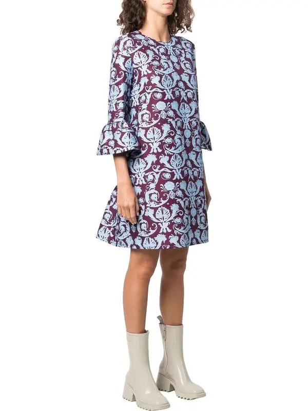 La DoubleJ Brocade Print Flared Cuff Dress - Purple