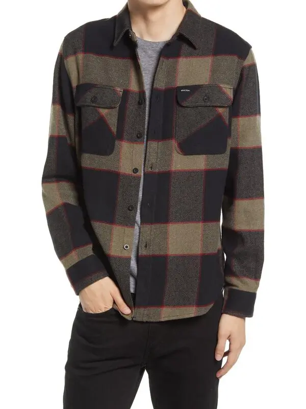 Brixton Bowery Regular Fit Plaid Flannel Button-up Shirt - Heather Grey/charcoal
