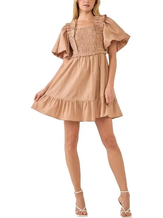 English Factory Puff Sleeve Mini Dress - Taupe